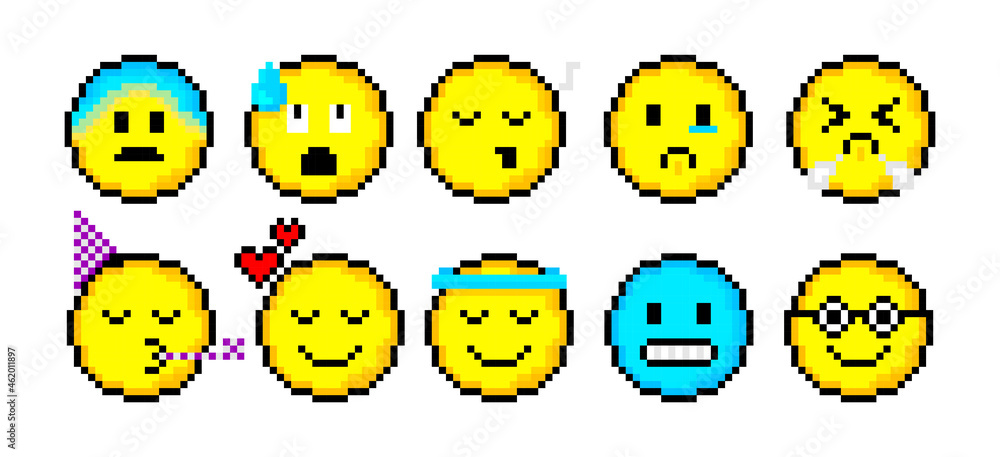 Pixel 8 bit yellow circles with smile collection. Isolated objects on ...