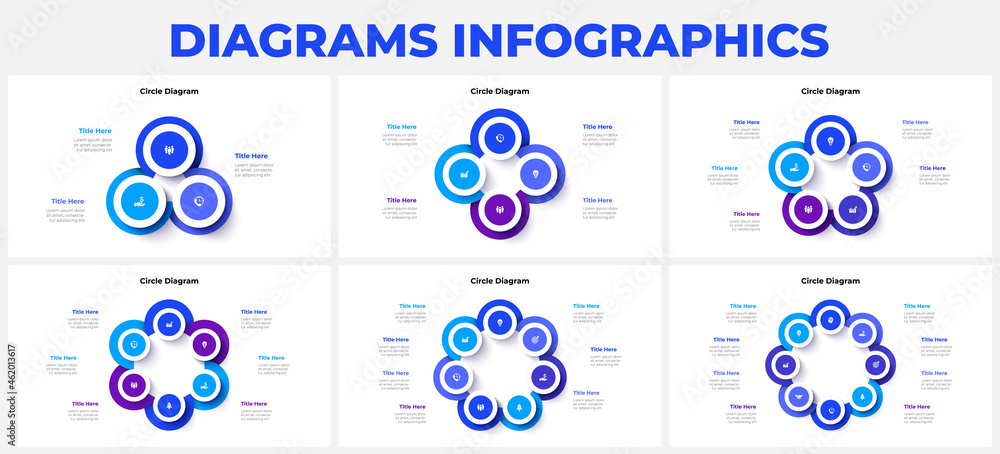 Abstract diagrams set with 3, 4, 5, 6, 7 and 8 options. Concept of ...