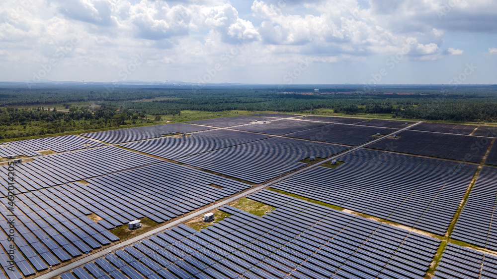 Aerial view of a large scale solar panel farm. It harvesting sun's ...