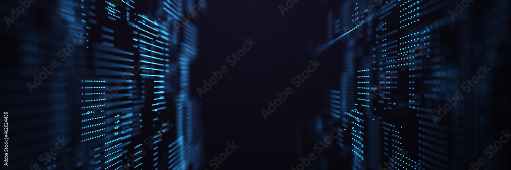 Digital background with moving glowing particles. Futuristic hi-tech ...