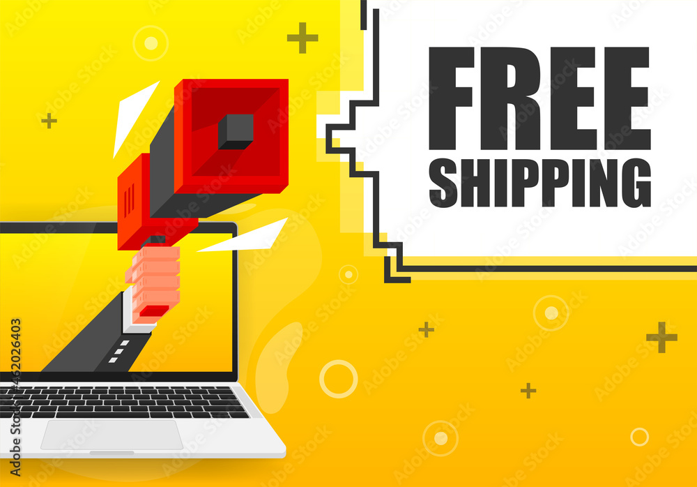 Free Shipping banner template. Marketing flyer with megaphone ...
