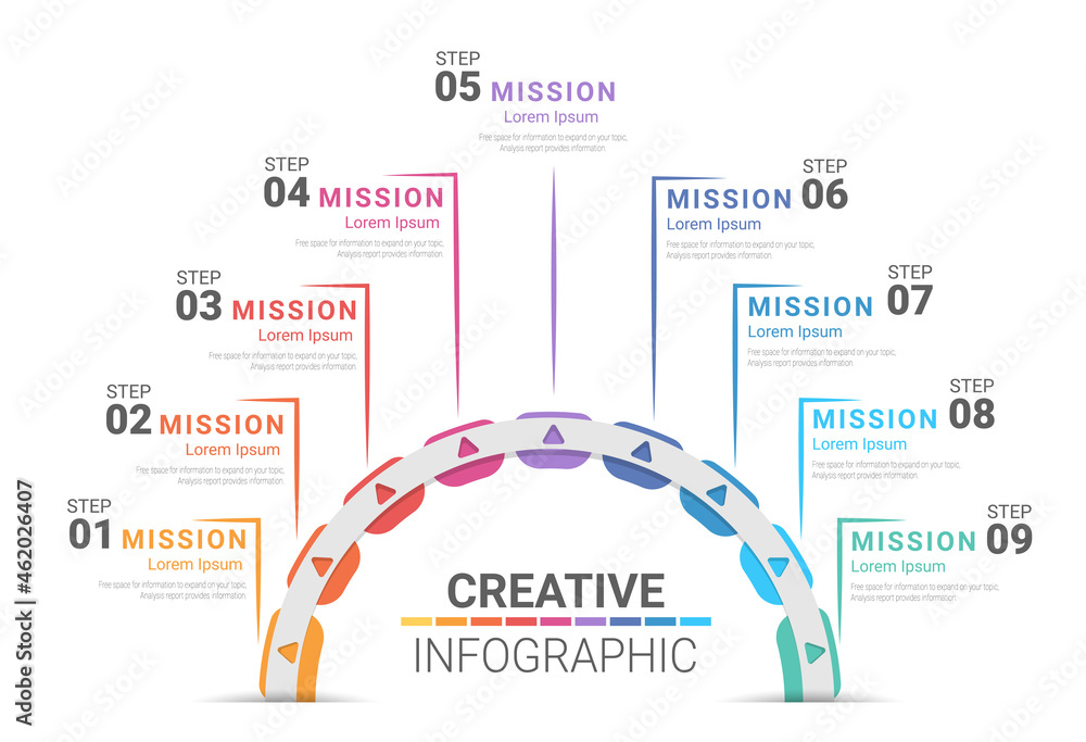 Half circle Infographic elements design with 9 options or steps ...
