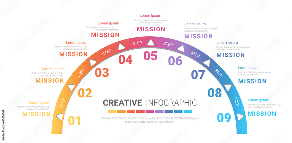 Half circle Infographic elements design with 9 options or steps ...
