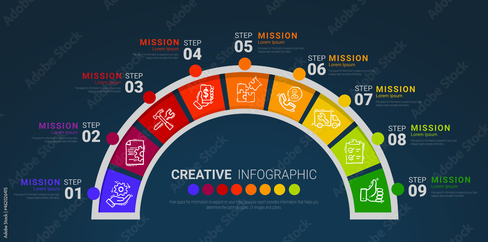 Half circle Infographic elements design with 9 options or steps ...