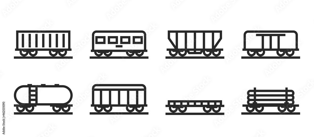 train wagon line icon set. railway freight cars symbols. isolated ...