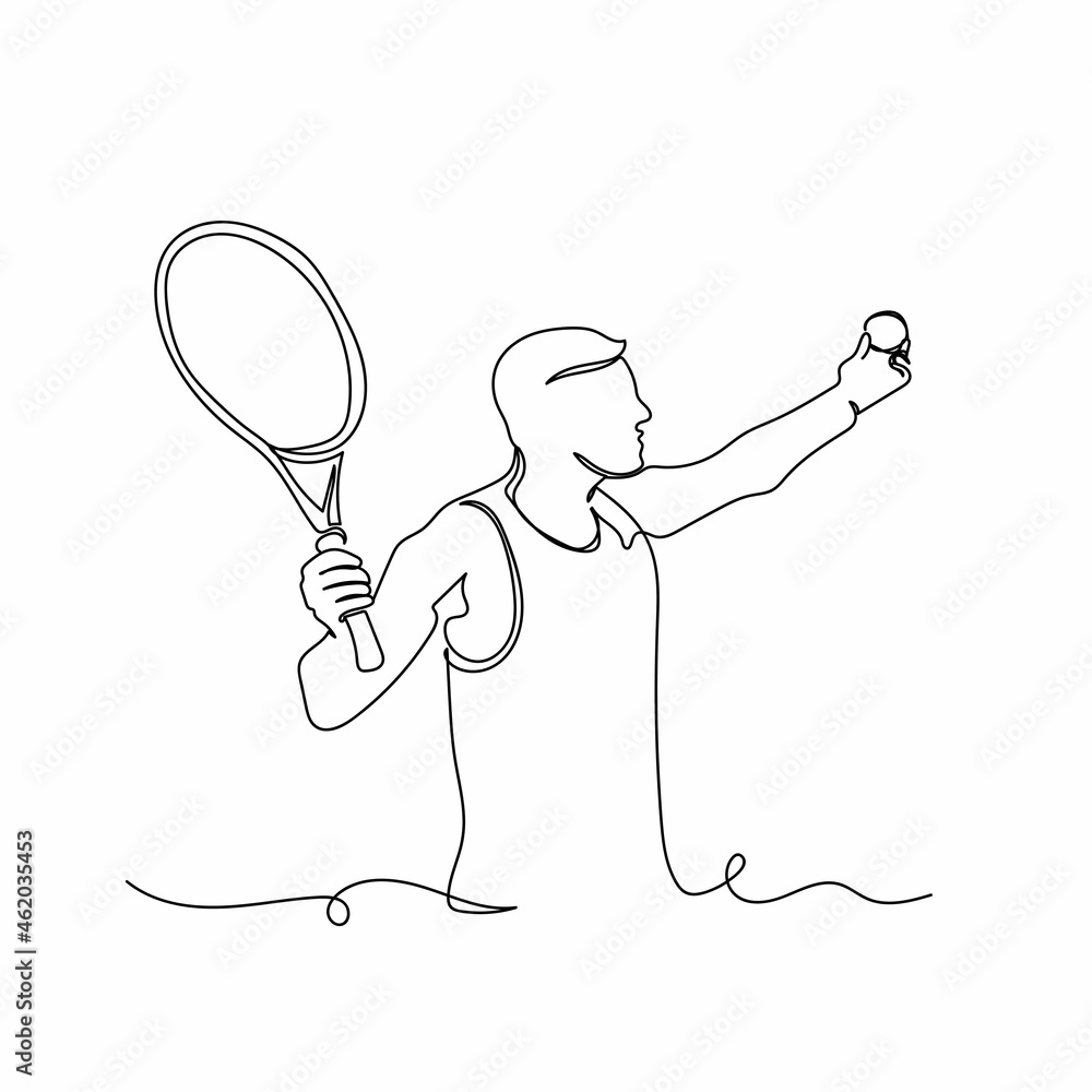 Continuous one line drawing of man playing tennis in silhouette on a ...