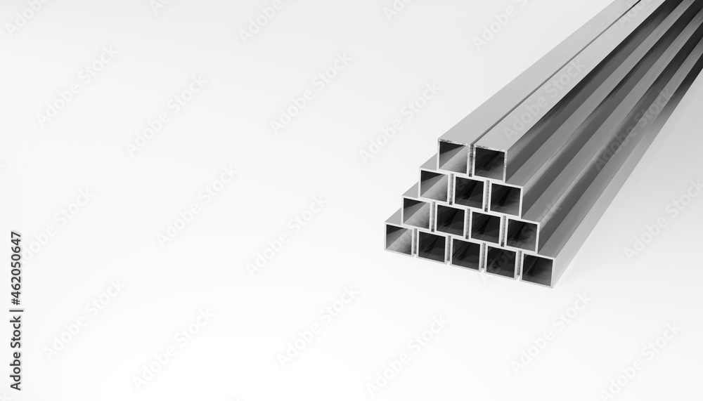 3d render of stacked metal square thick-walled profile pipe. side view ...