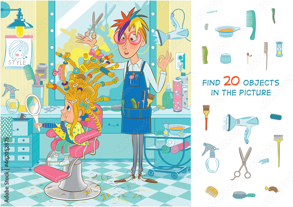 Little fashionista doing her hair in a hairdressing salon. Hidden ...