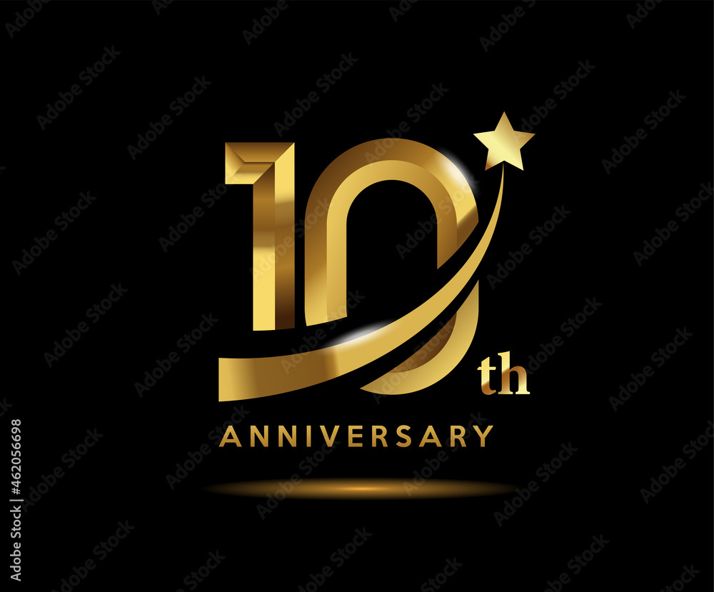 Golden 10 year anniversary celebration logo design with star symbol ...