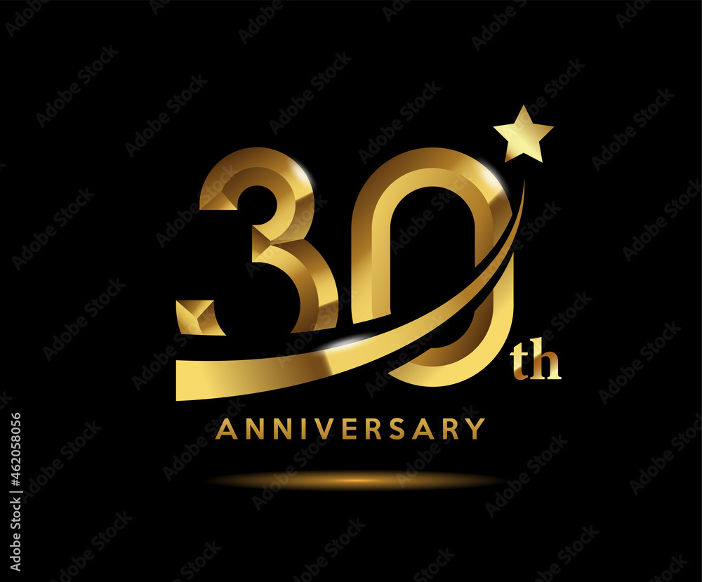Golden 30 year anniversary celebration logo design with star symbol ...