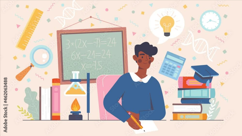 Back to school preparation concept. Student doing homework. Bulb symbol ...