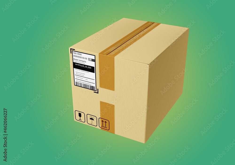 Cardboard box with package. Courier delivery box. Barcode sticker ...