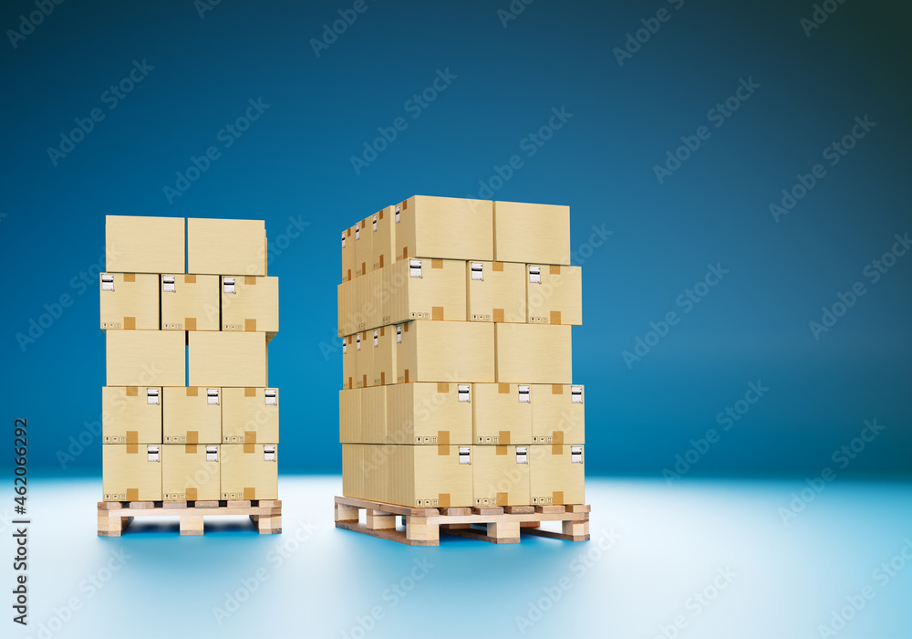 Two pallets with boxes. Warehouse pallets are loaded with parcels ...