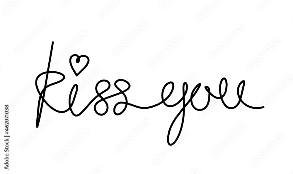 Calligraphic inscription of word "kiss you" as continuous line drawing ...