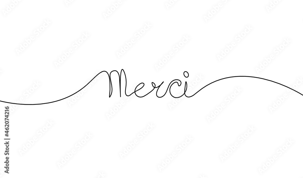 Calligraphic inscription of word "merci" as continuous line drawing on ...
