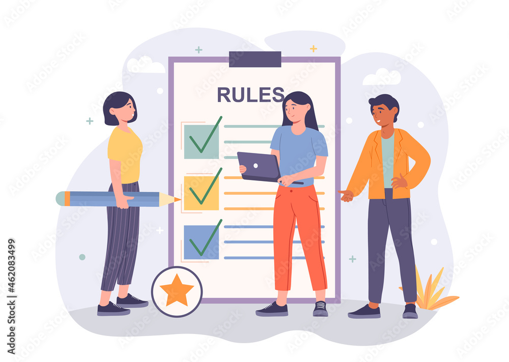 Rules in office concept. Employees stand next to large list of company ...