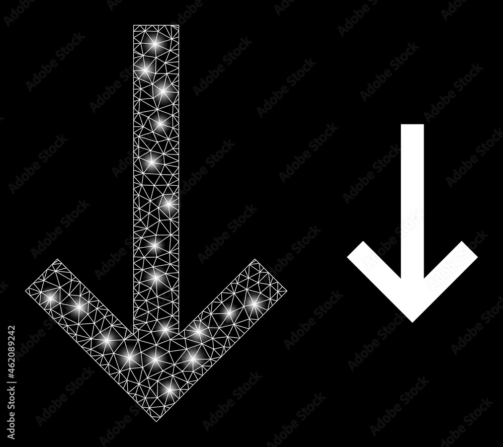 Glossy mesh vector down arrow with glare effect. White mesh, flash ...