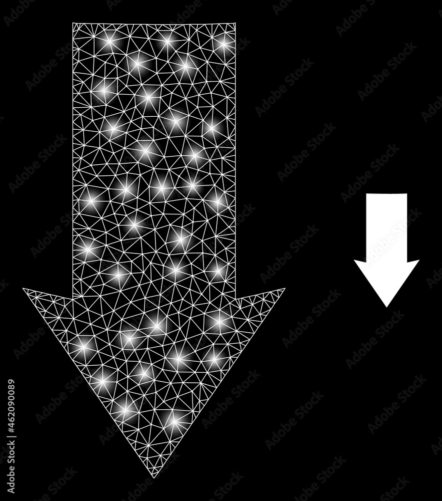 Magic mesh vector down direction with glare effect. White mesh, bright ...