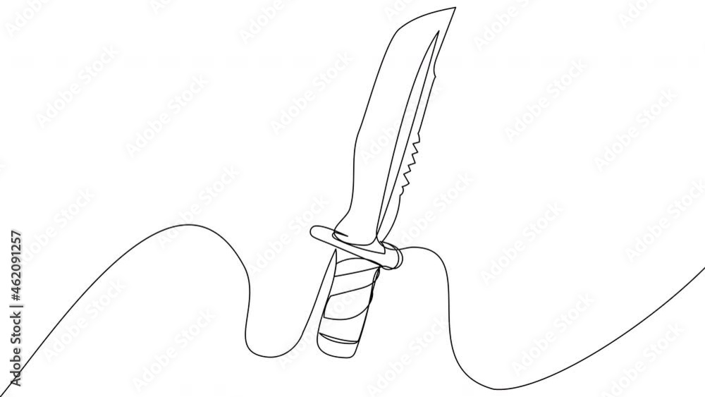 Self-drawing of a hunting knife in one line on a white background. 4k ...
