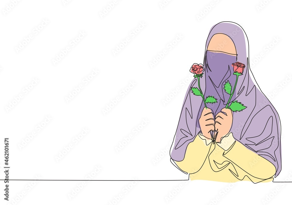 Single continuous line drawing of young happy saudi arabian muslimah ...