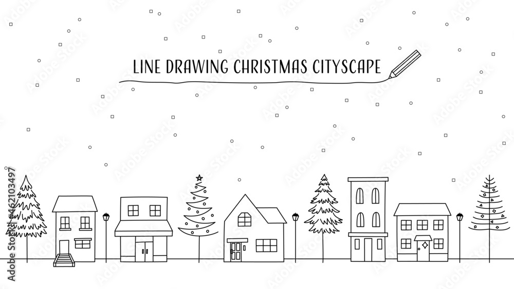 Christmas cityscape background illustration (doodle, white background ...