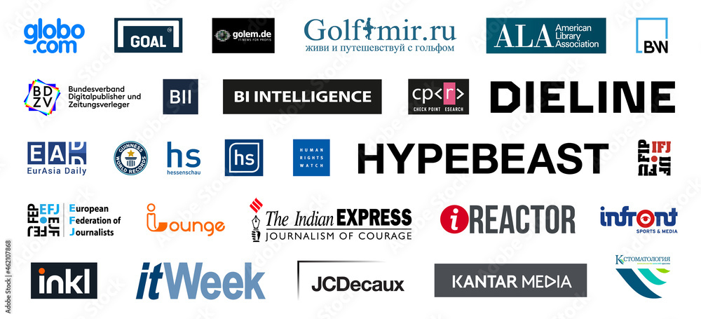 logos of the press and news channels, logos of famous brands, badges ...