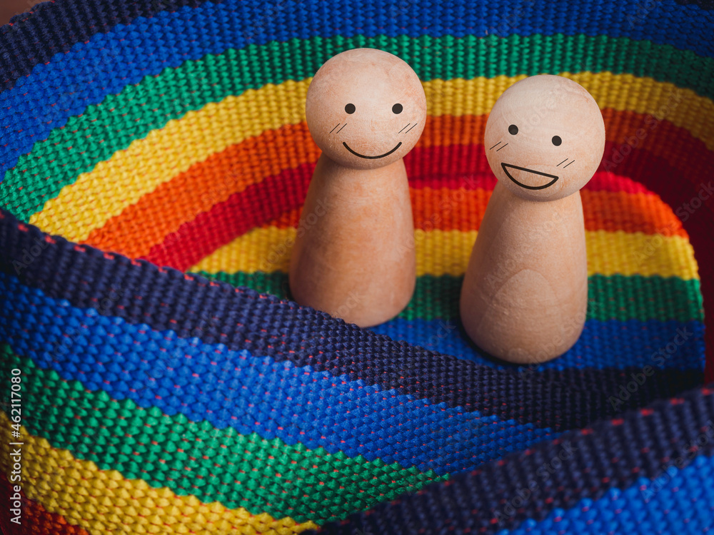 LGBT couple concept. Close-up two wooden figures with skirt shapes and ...