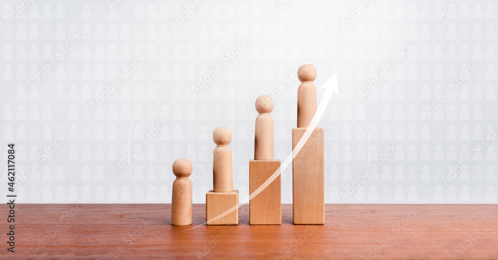 Population growth concept. Rising up arrow and wooden figures standing ...