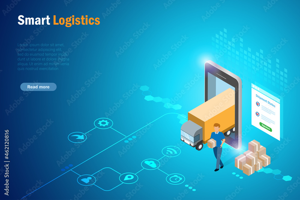 Delivery man holding carton box with transporation truck from smart ...