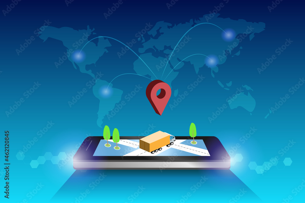 Global smart logistics. Delivery truck with GPS online tracking ...