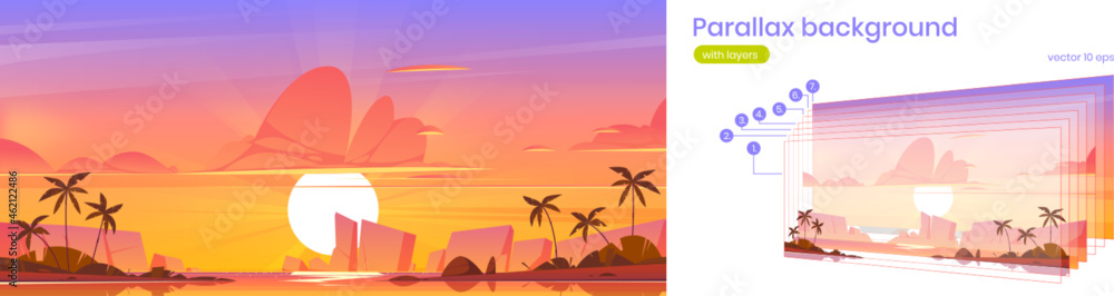Sunset sky in ocean parallax background, tropical island 2d landscape ...