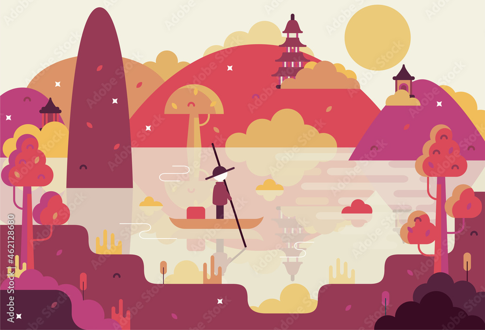 Chinese landscape with fisherman and mountains background. Vector ...