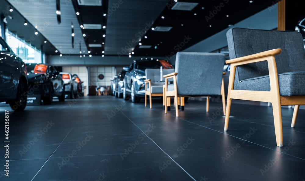 Luxury showroom interior. Car dealership office. New car parked in ...