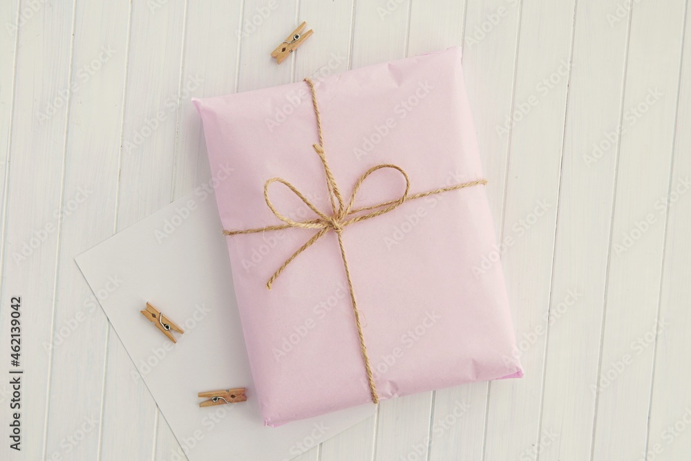 Pink gift or product package with ribbon, feminine gift mockup for ...