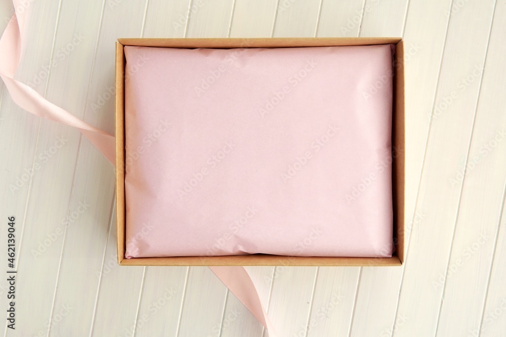 Cardboard gift box with pink wrapping paper package for sticker, logo ...