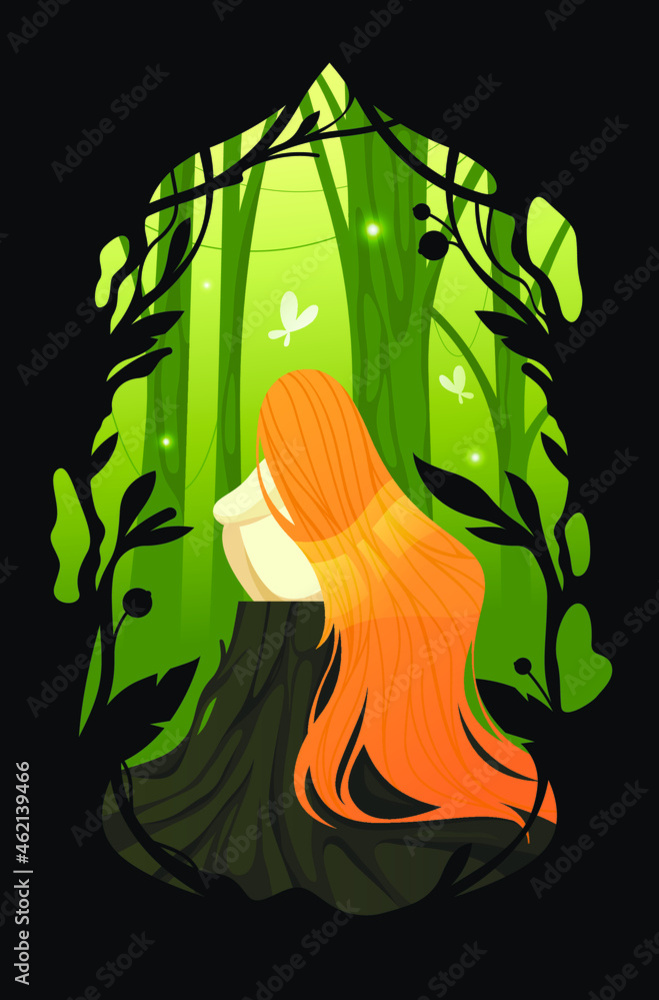 Elf girl sits on a tree stump in the forest. Cartoon vector ...