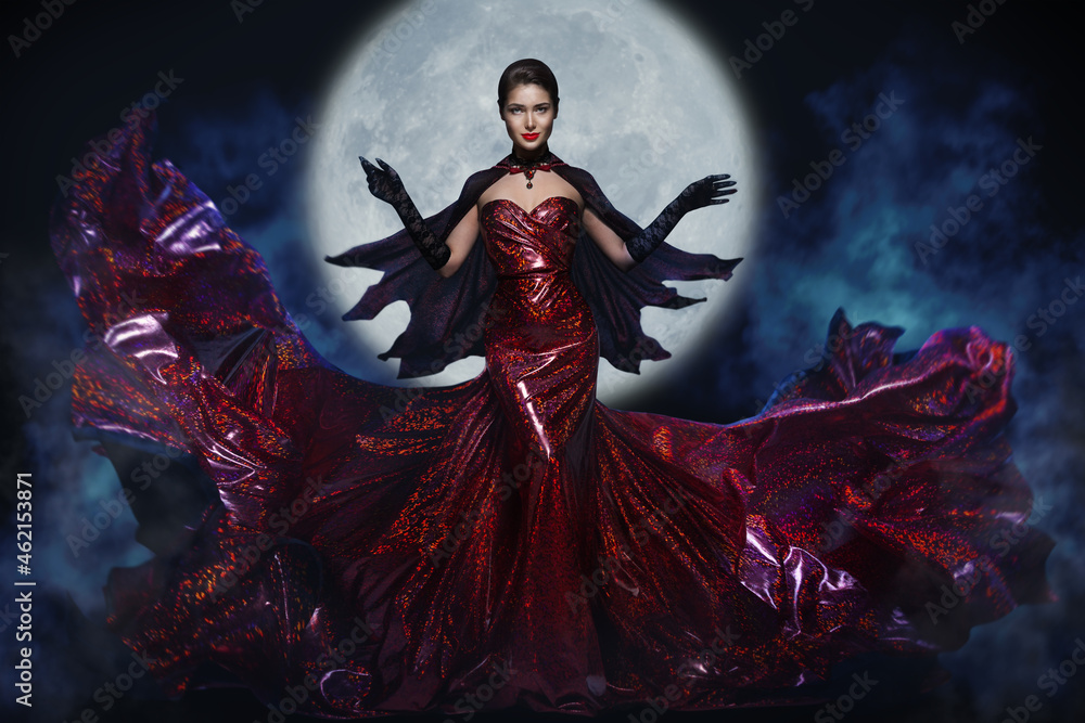 Halloween Witch over Full Moon Night Background. Mysterious Woman in ...