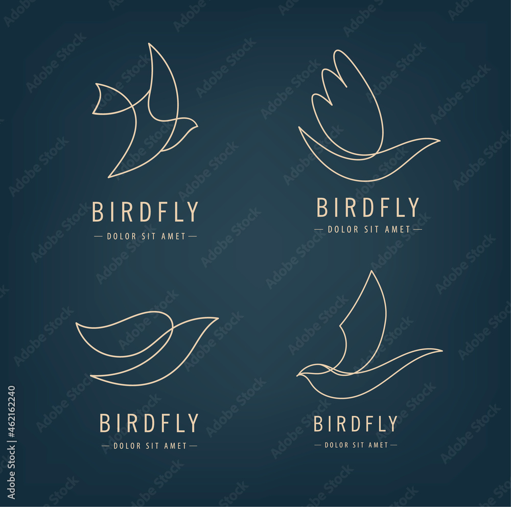 Vector set of line bird logos, pigeon silhouettes, flying abstract ...