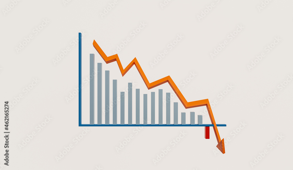 Declining bar chart with arrow. One pillar is negativ, arrow falls ...