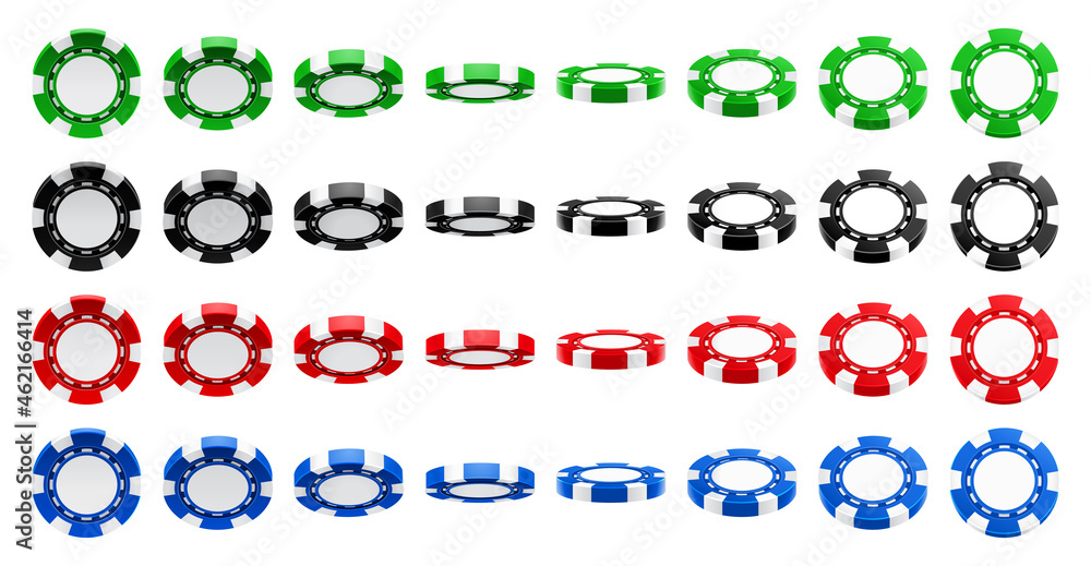 Casino chips in different angles and colors, animation isolated 3D ...