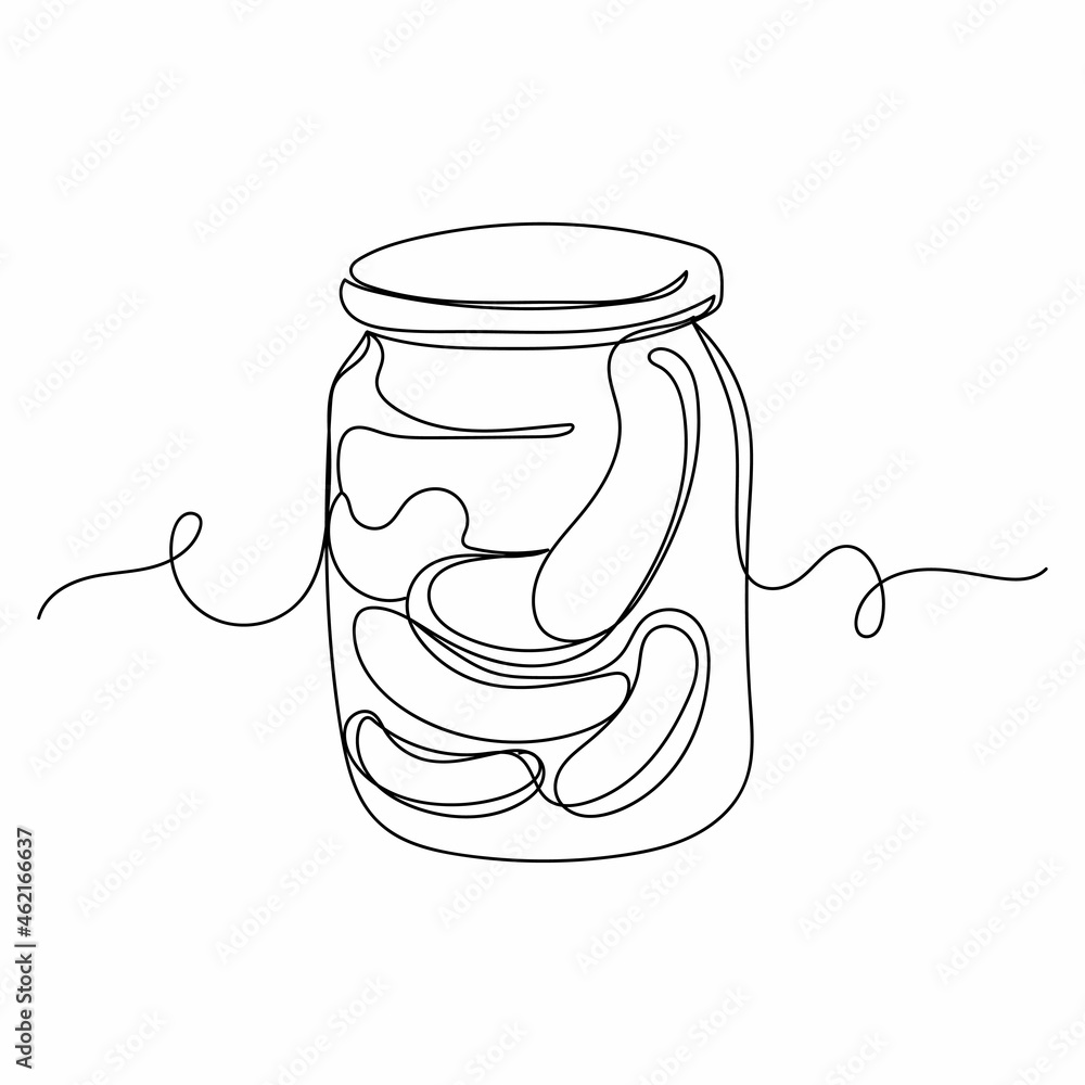 Continuous one line drawing of a glass jar with pickles in silhouette ...