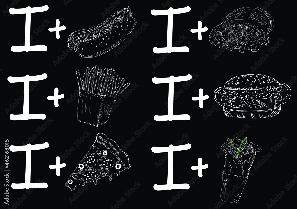 Colorful fast food symbols set with black outline. Cartoon flat linear ...