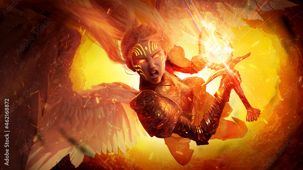 The furious angel girl rushes into battle, she screams holding the holy ...