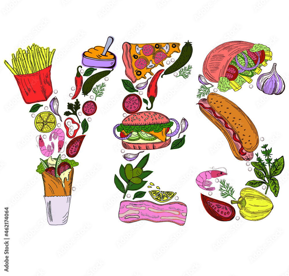 Colorful fast food symbols set with black outline. Cartoon flat linear ...