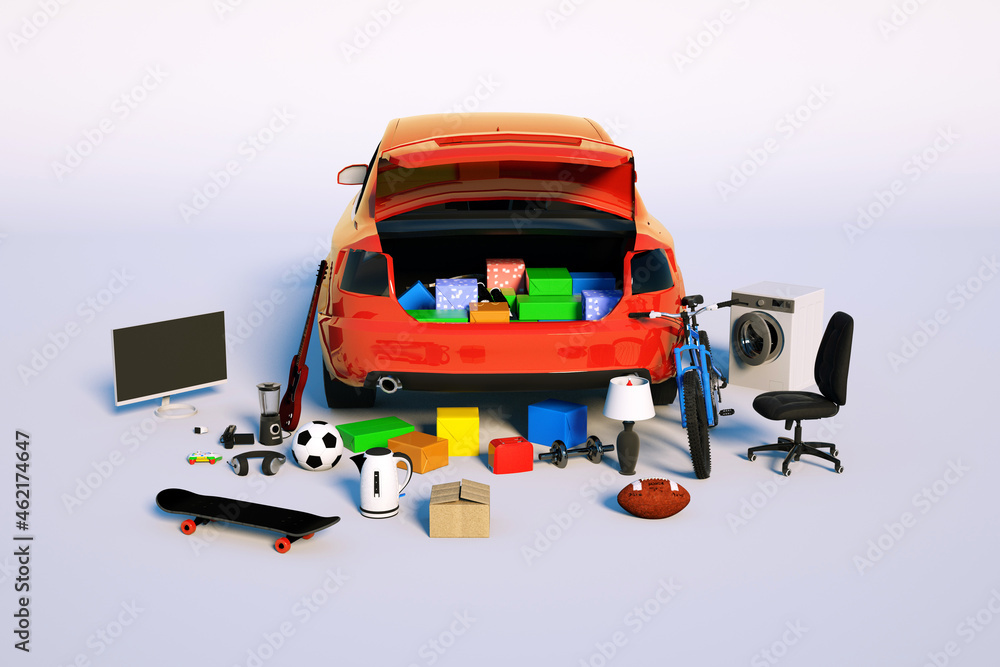 Unloading things from the trunk of a red car. Lot of different things ...