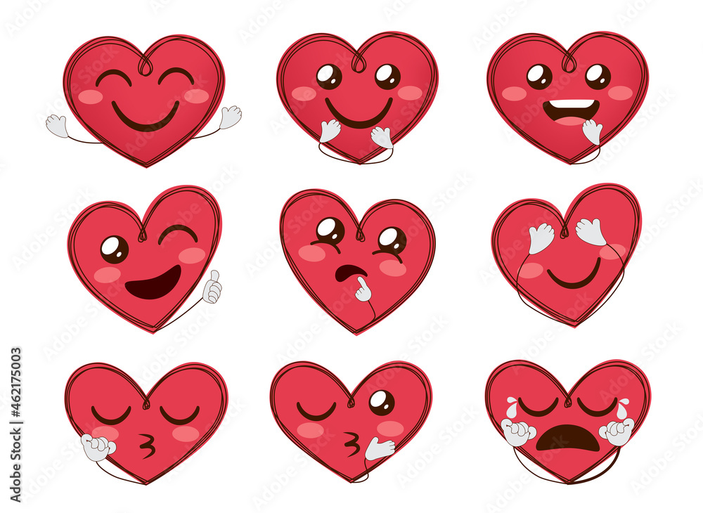 Heart emoji valentines smileys vector set. Emoticons smiley hearts with ...