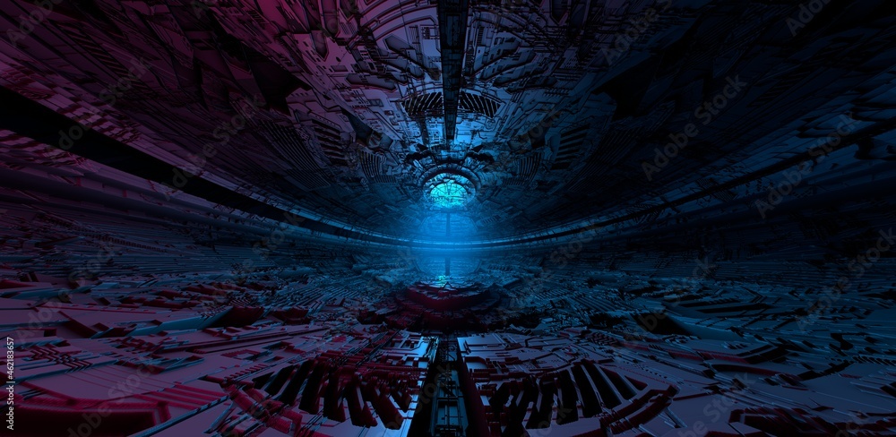 Inside of an alien spaceship. UFO interior design. Round architecture ...