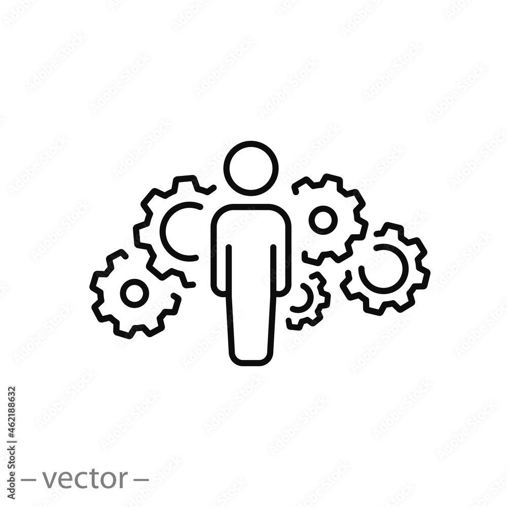 soft skills icon, man with cogwheel mechanism, team work ability ...