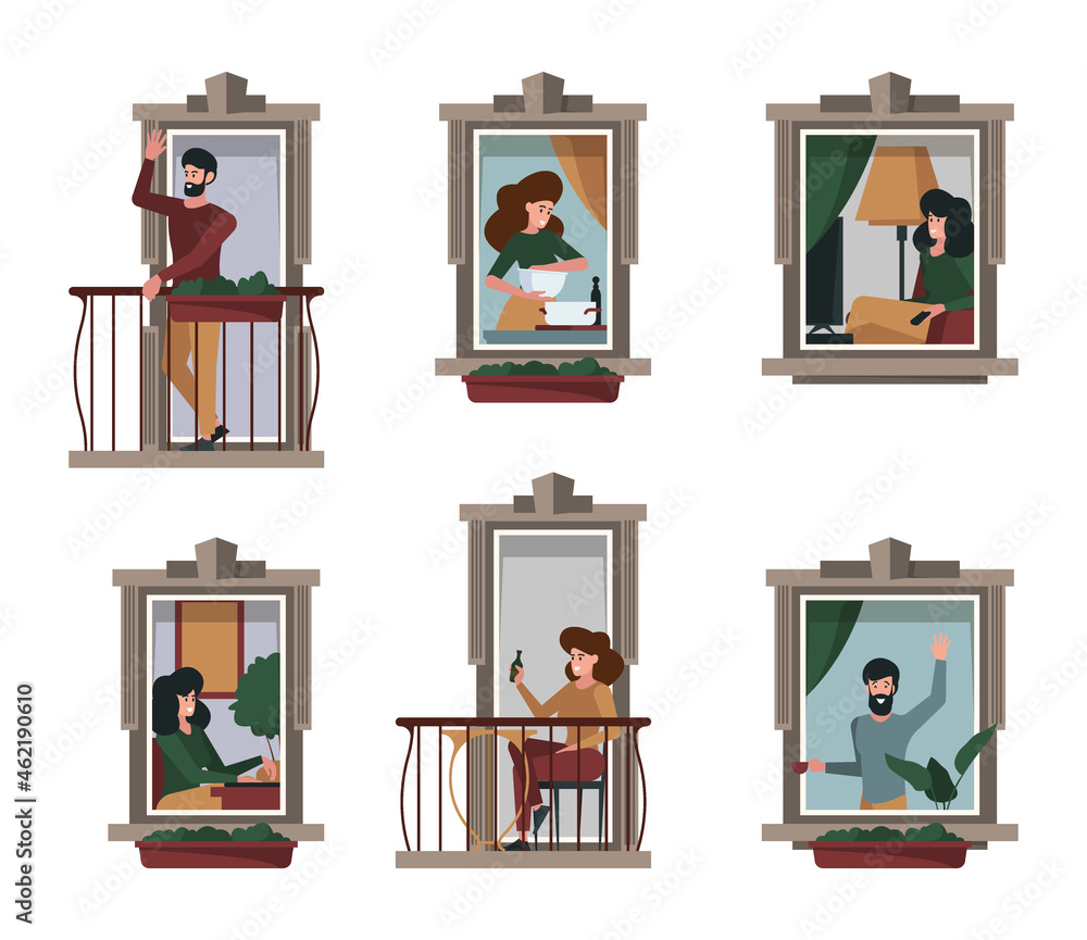 Window characters. People standing in balcony and window frames ...