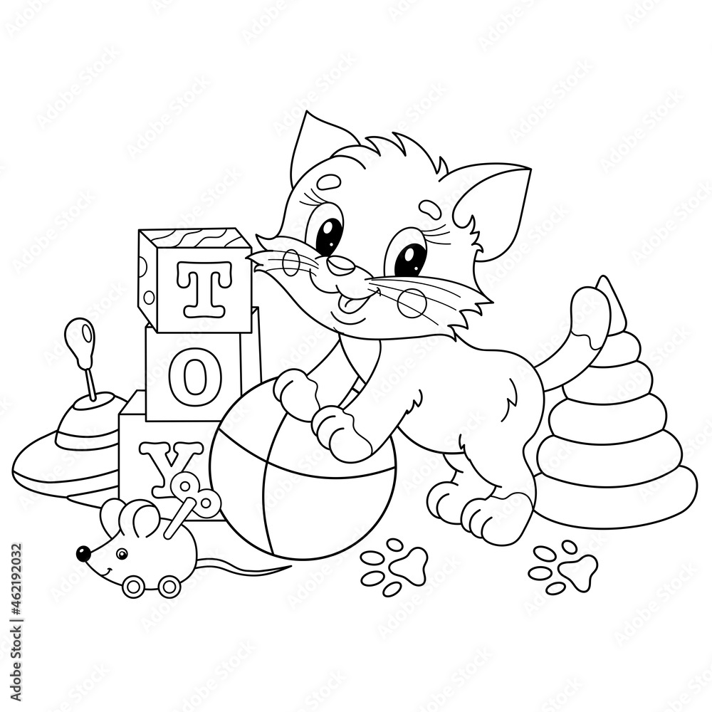 Coloring Page Outline Of cartoon little cat with ball and toys. Cute ...